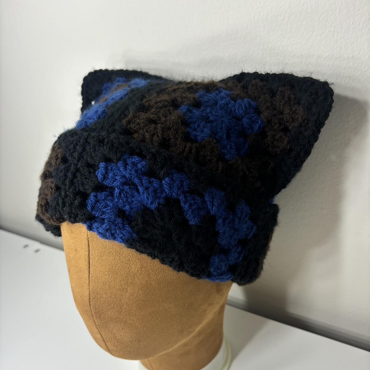 soft and comfy granny square cat ear beanie 💙🖤🤎... | Depop