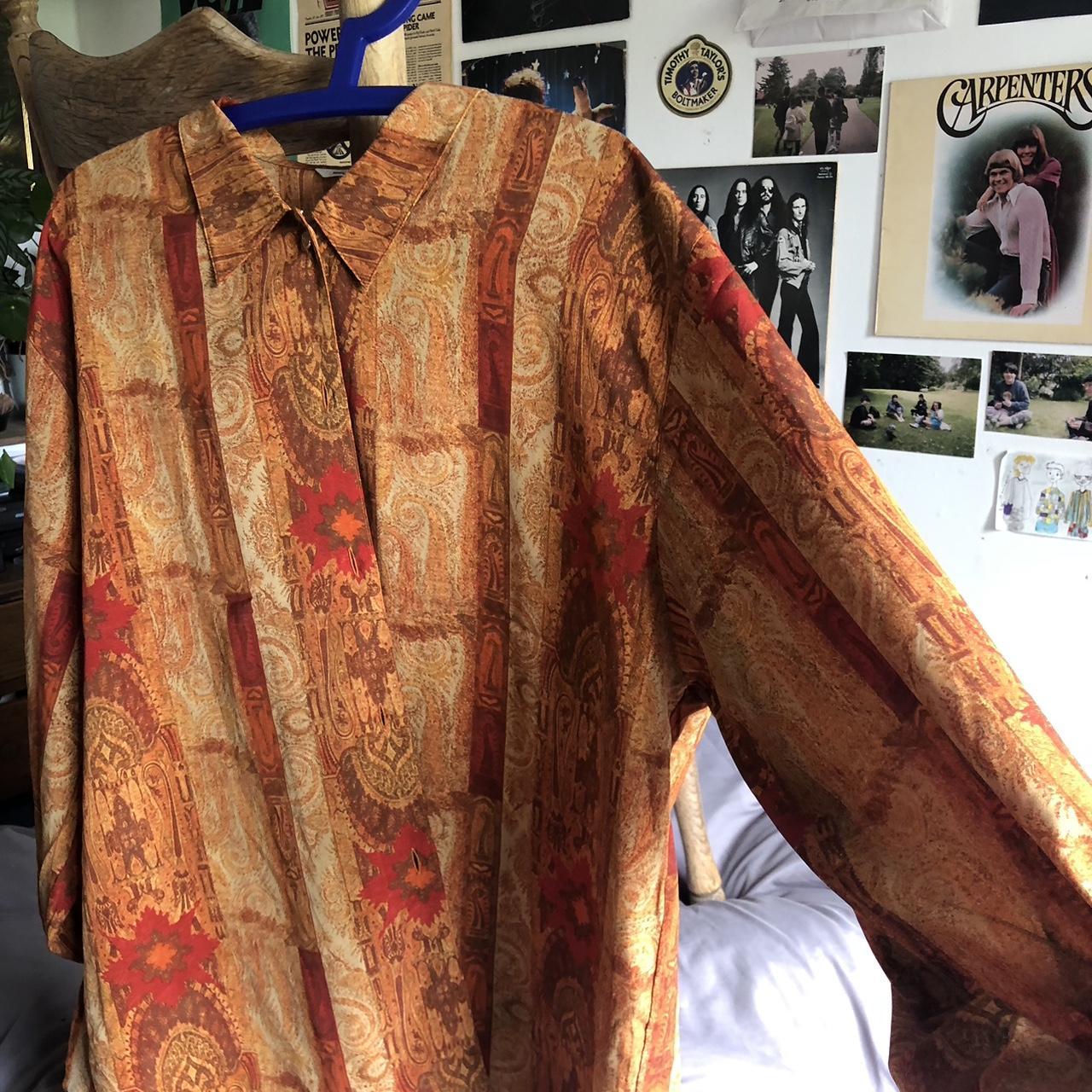 funky orange button up shirt patterned super... - Depop
