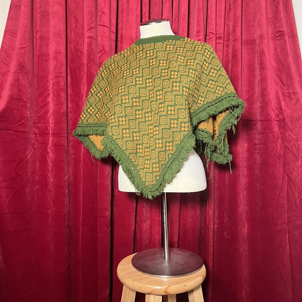 Green and gold true vintage 1970s knit poncho with... | Depop