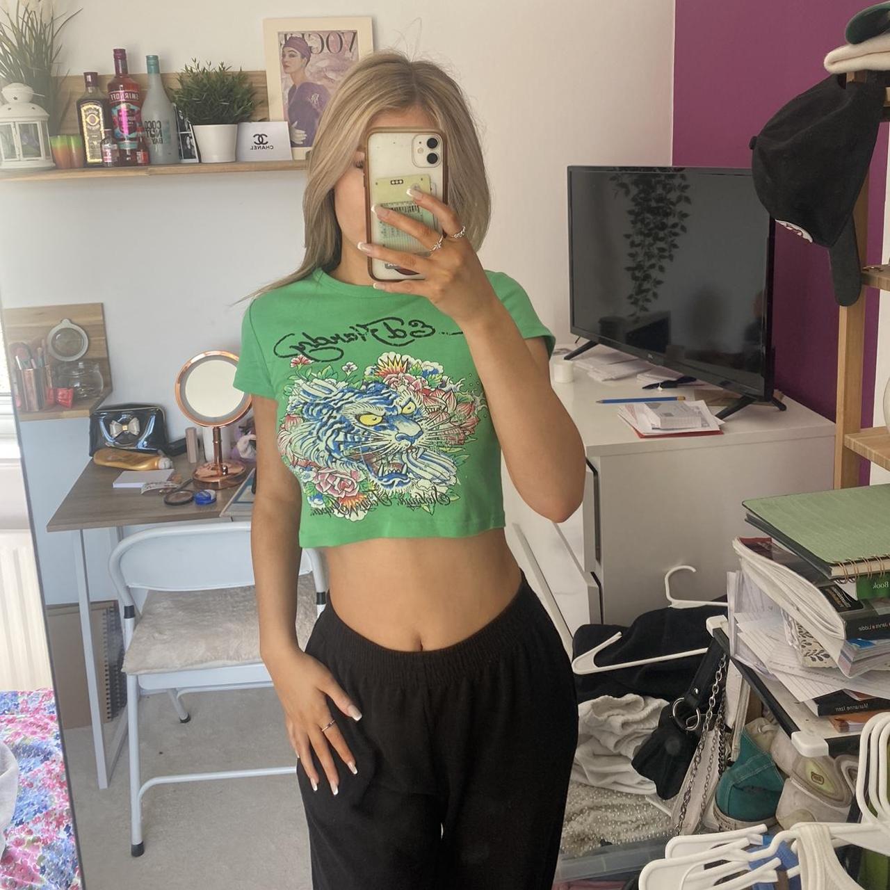 Ed Hardy Women's Green Crop-top | Depop