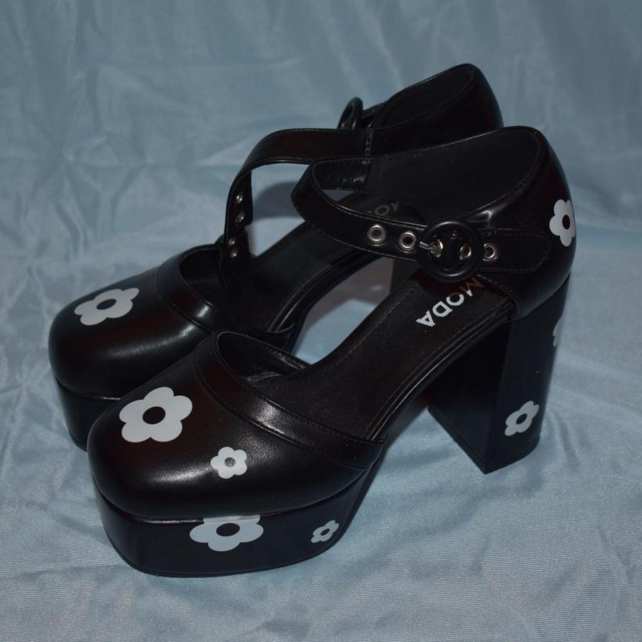 black and white Lamoda flower mary janes worn only... - Depop