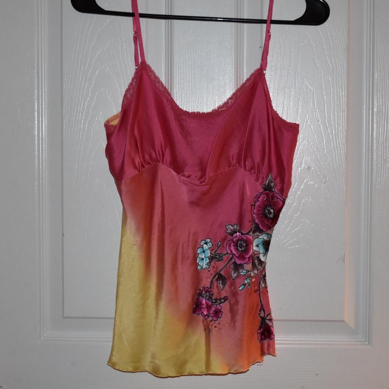 pink orange and yellow y2k satin floral cami top - Depop