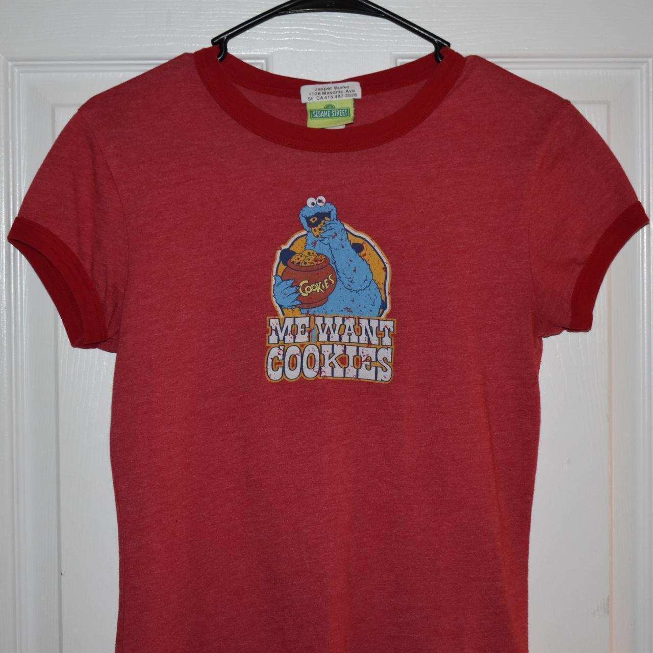 red cookie monster ringer t shirt tagged as a size... - Depop