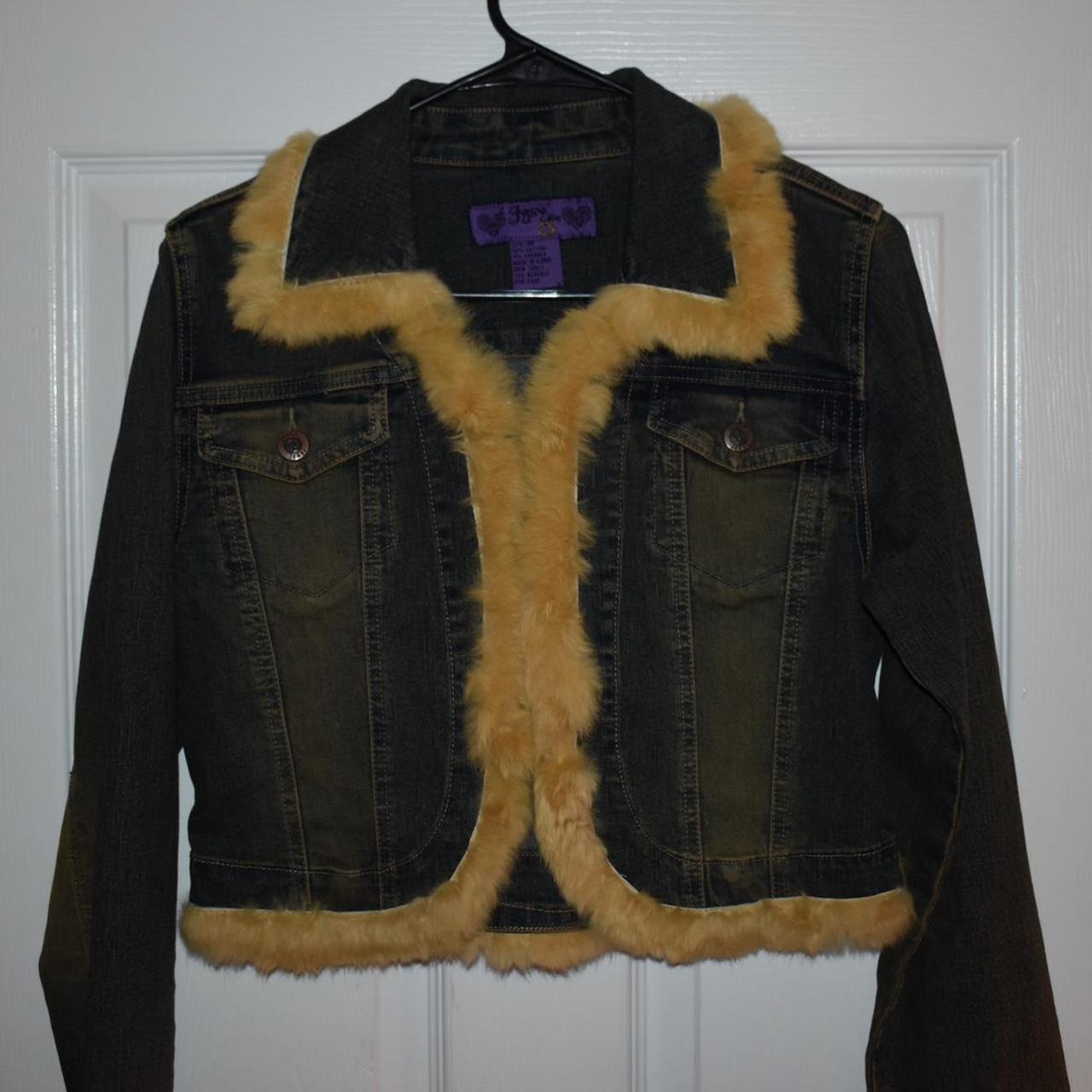 dark wash y2k denim jacket with faux fur trim - Depop