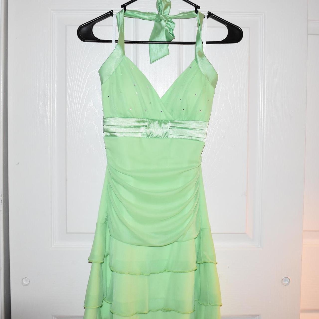 lime green y2k ruffle dress with sparkles and satin... | Depop