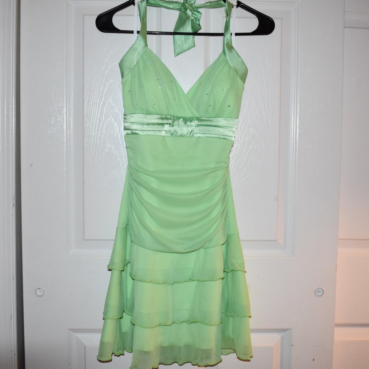 lime green y2k ruffle dress with sparkles and satin... | Depop