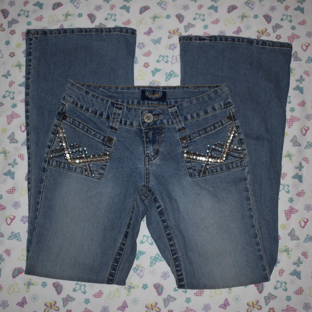 vintage y2k rhinestone/sequin angels flare jeans... | Depop