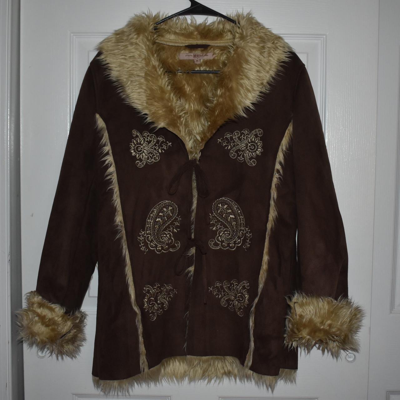 Brown faux fur jacket with paisley design... | Depop
