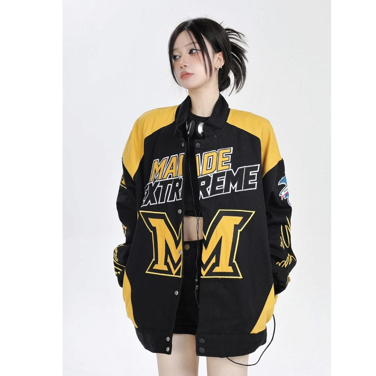 Denim racer jacket in yellow padded patch motorcycle... - Depop