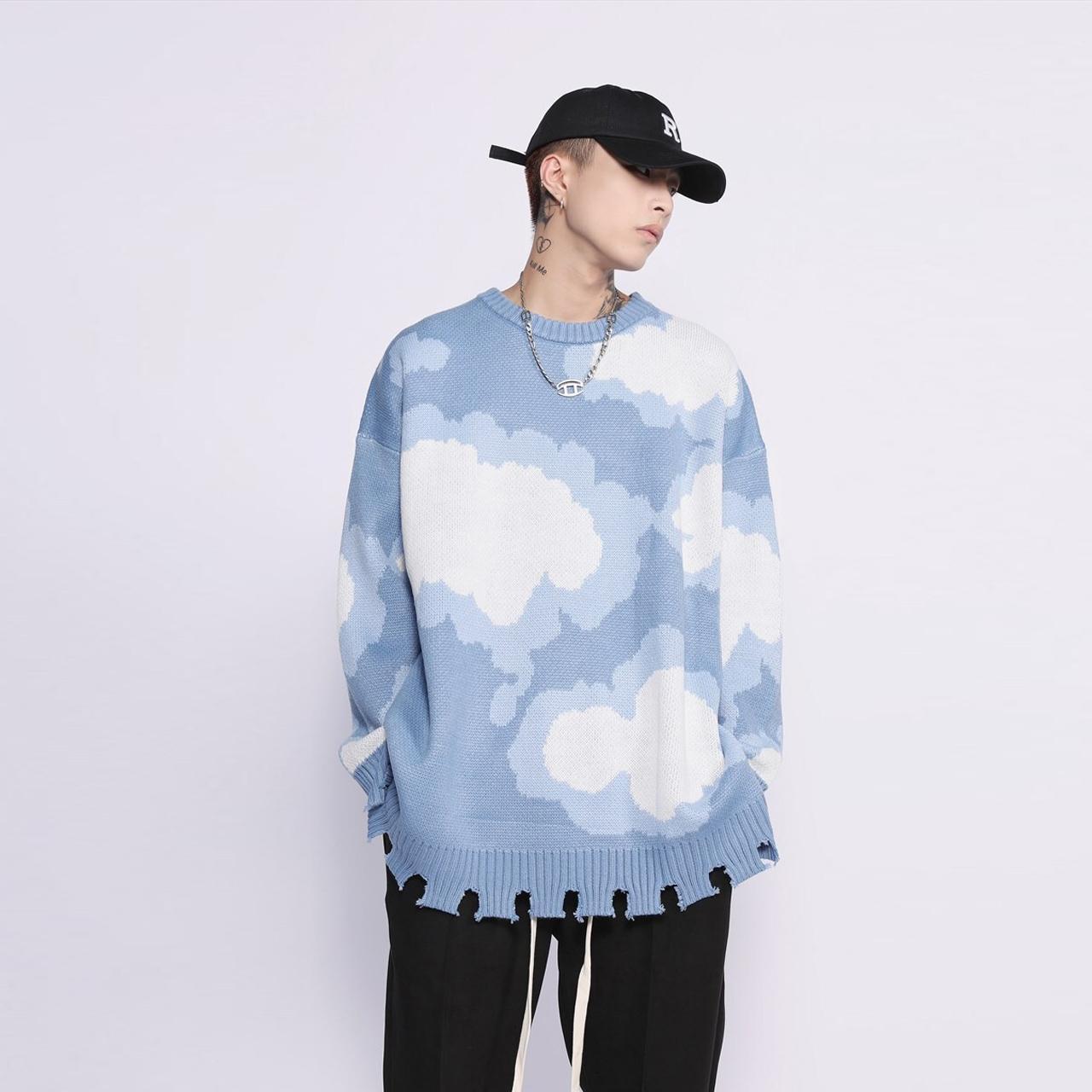Cloud print sweater sky graphic knitwear rip jumper... - Depop