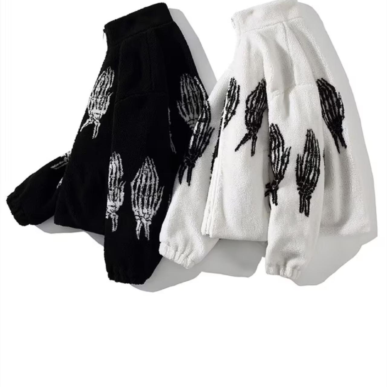 Skeleton fleece jacket faux fur skeleton bomber... - Depop