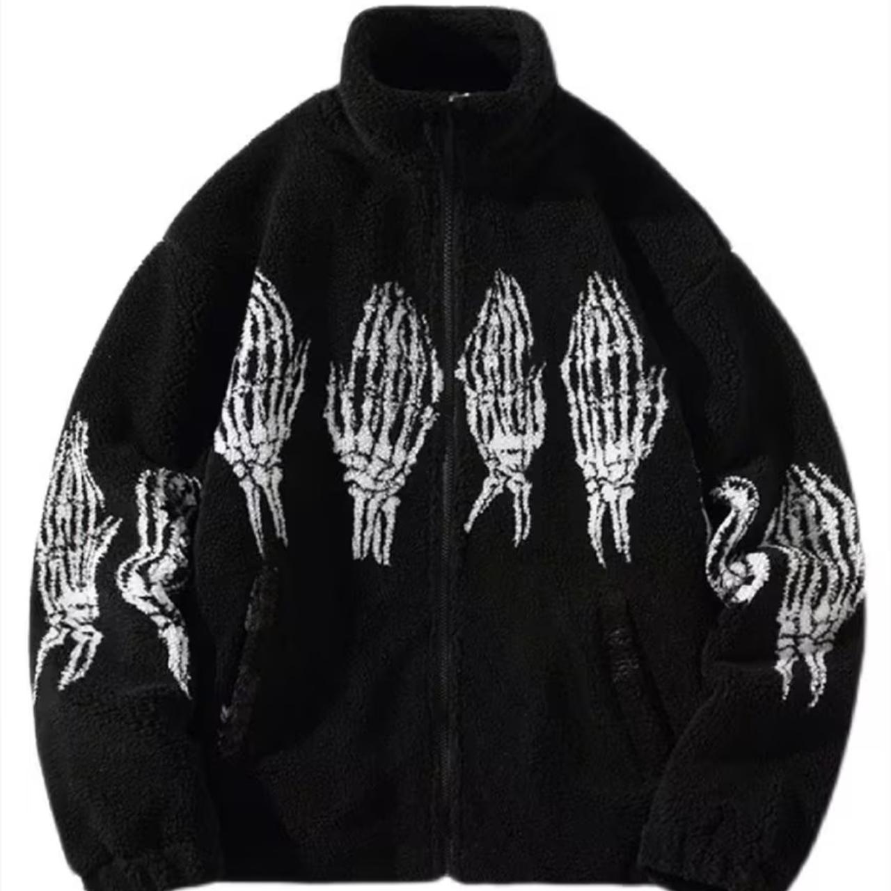 Skeleton fleece jacket faux fur skeleton bomber... - Depop