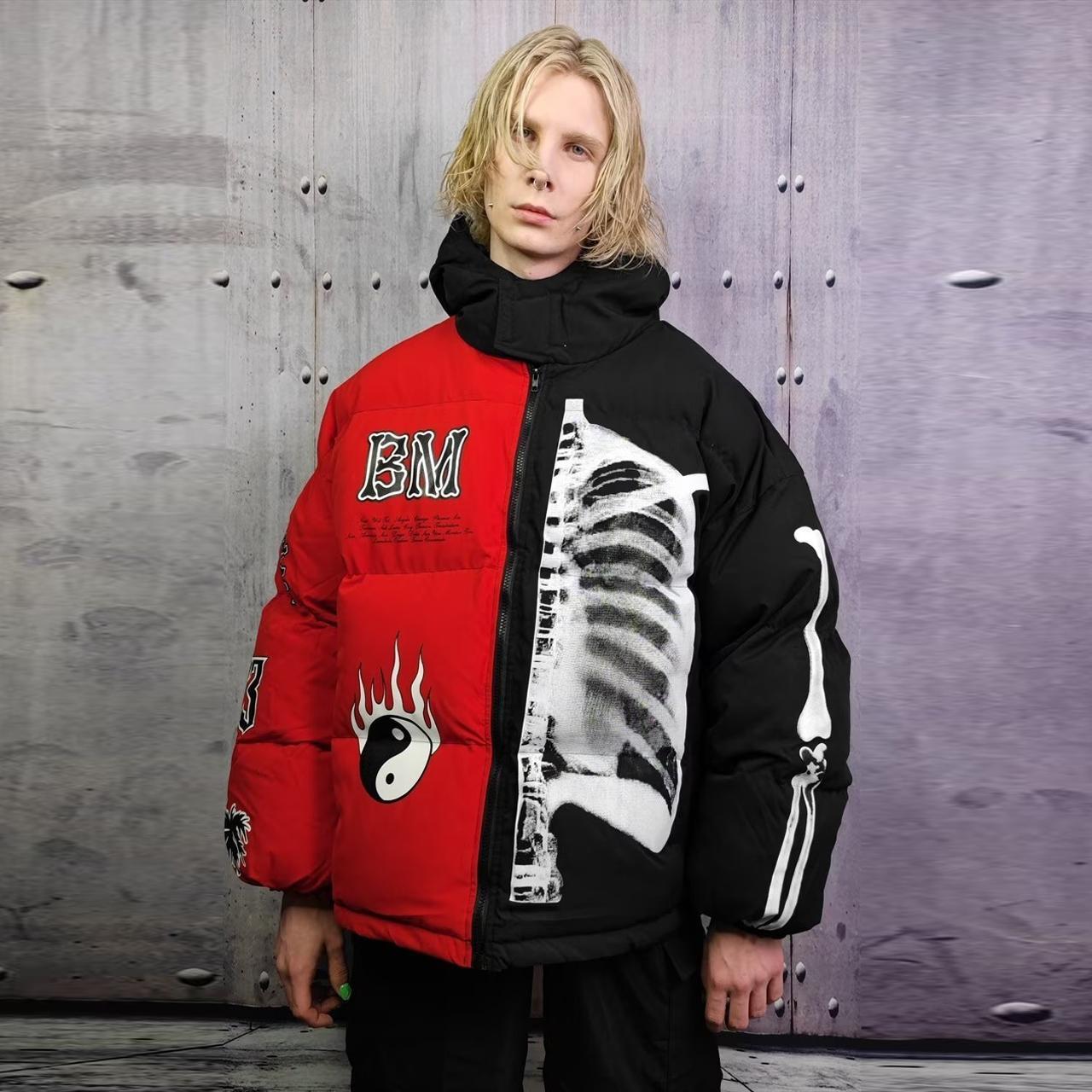 Skeleton puffer split color bomber jacket grunge... - Depop