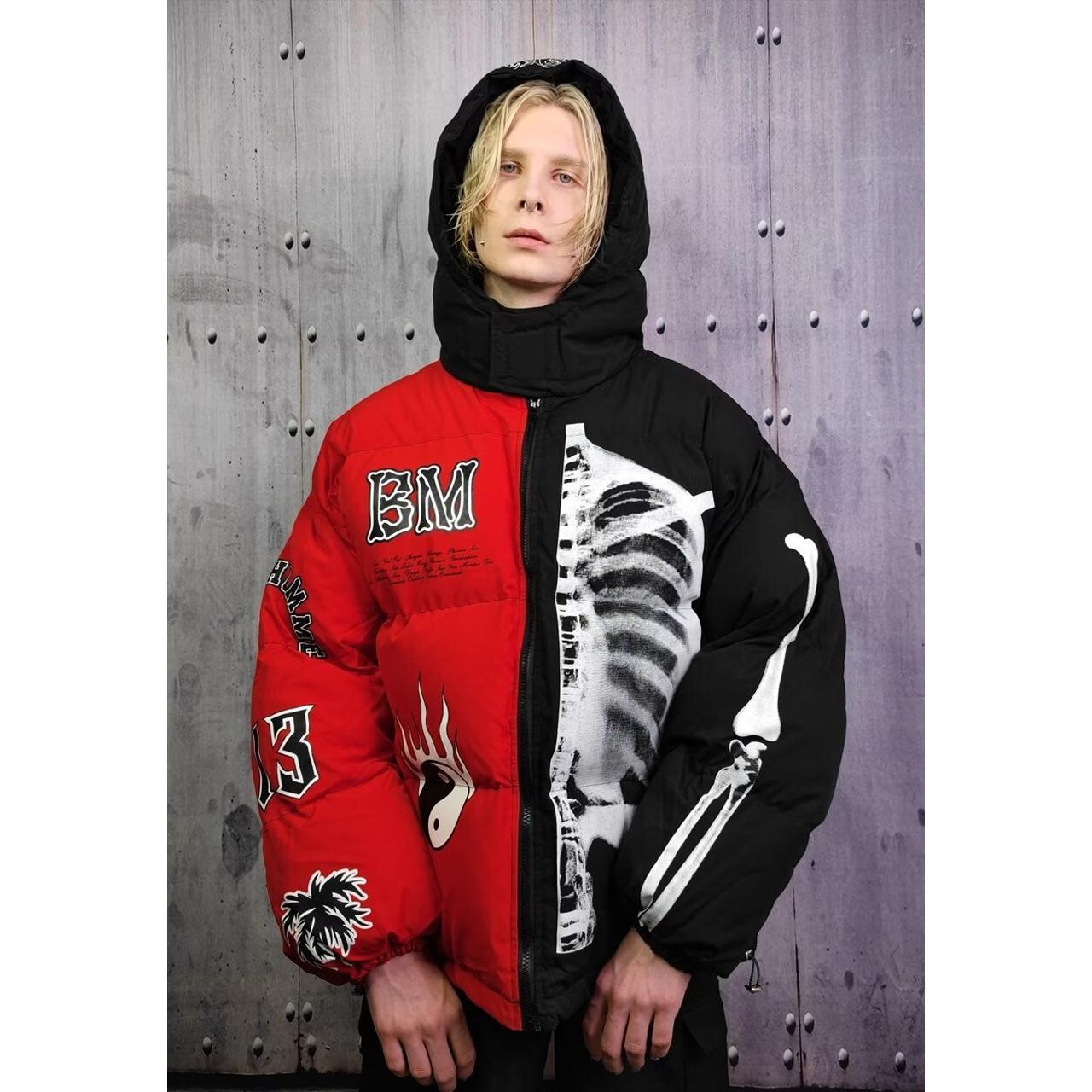 Skeleton puffer split color bomber jacket grunge... - Depop