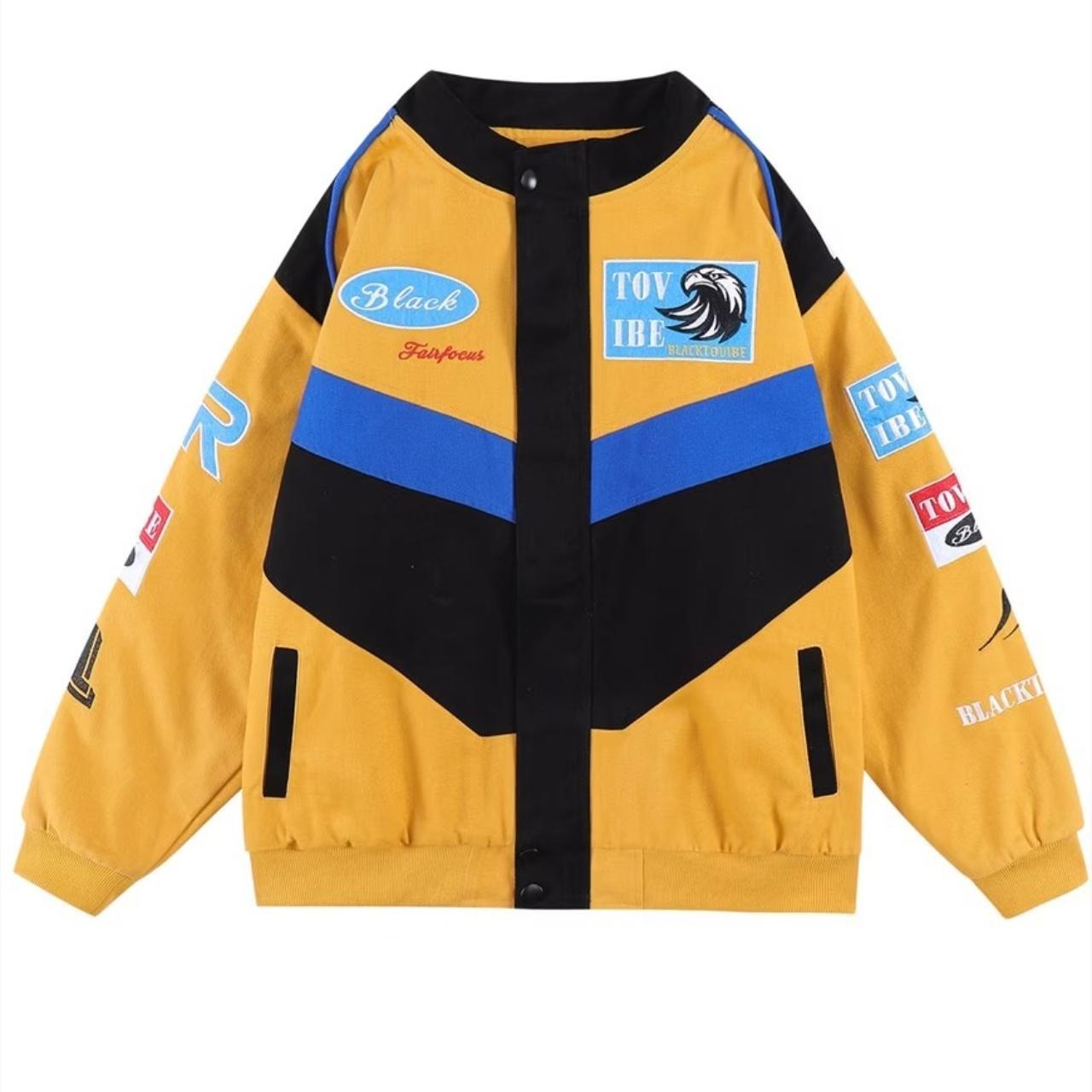 Padded racing jacket multi patch grunge bomber in... - Depop