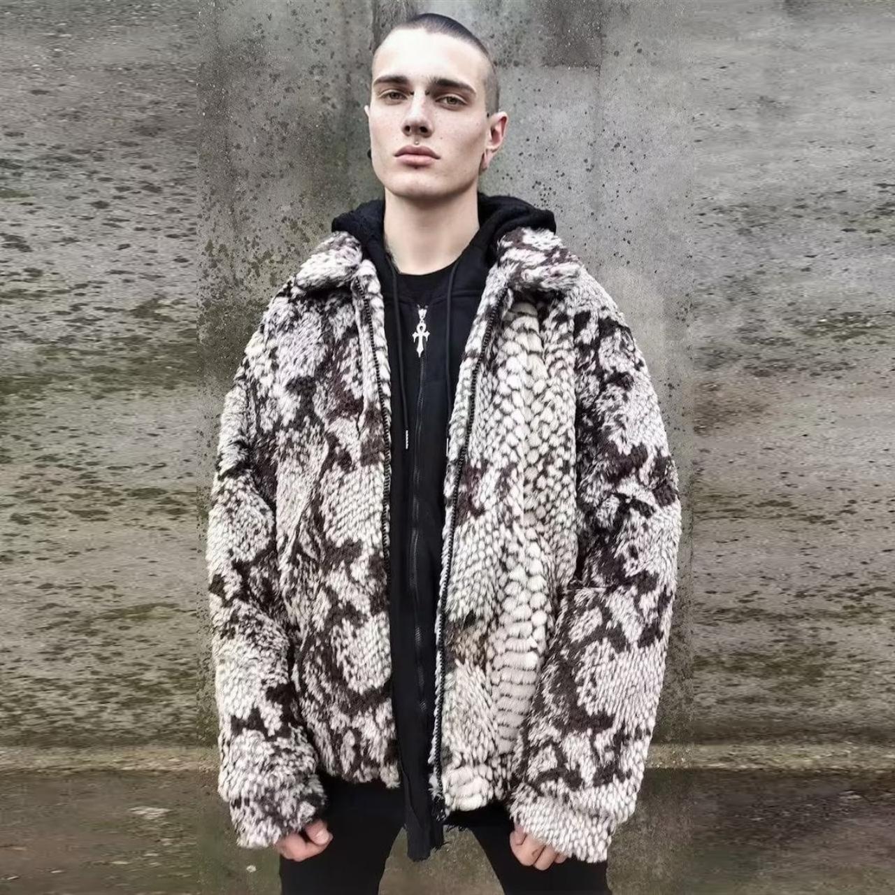 Snake print faux fur jacket fluffy python bomber... - Depop