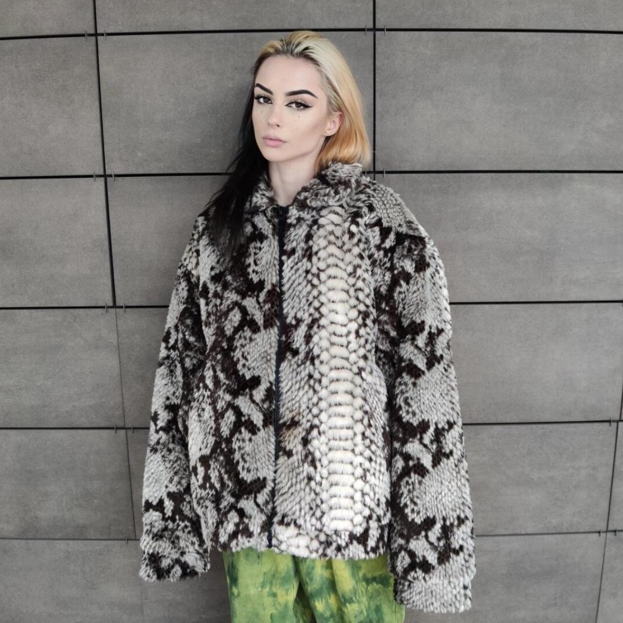 Snake print faux fur jacket fluffy python bomber... - Depop