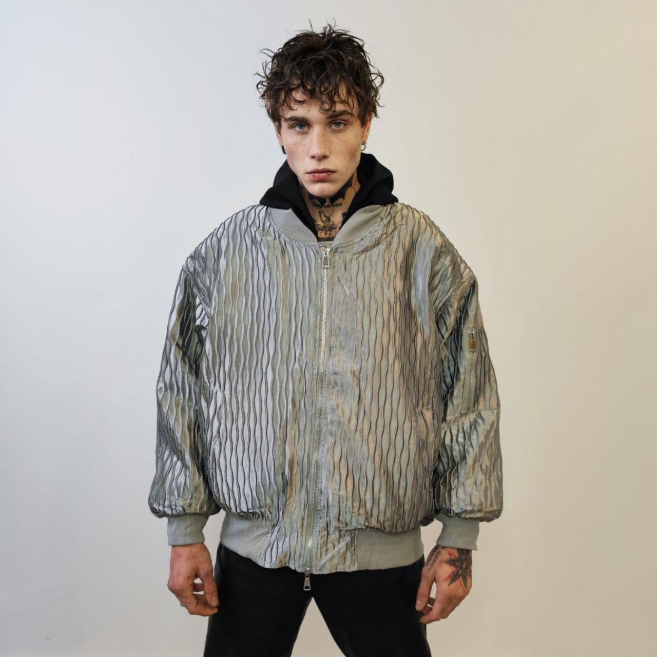 Metallic varsity jacket thin college bomber textured... - Depop