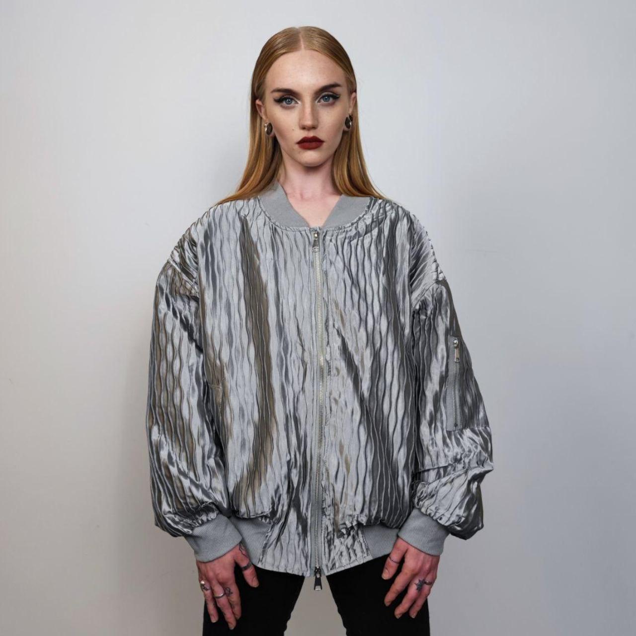 Metallic varsity jacket thin college bomber textured... - Depop