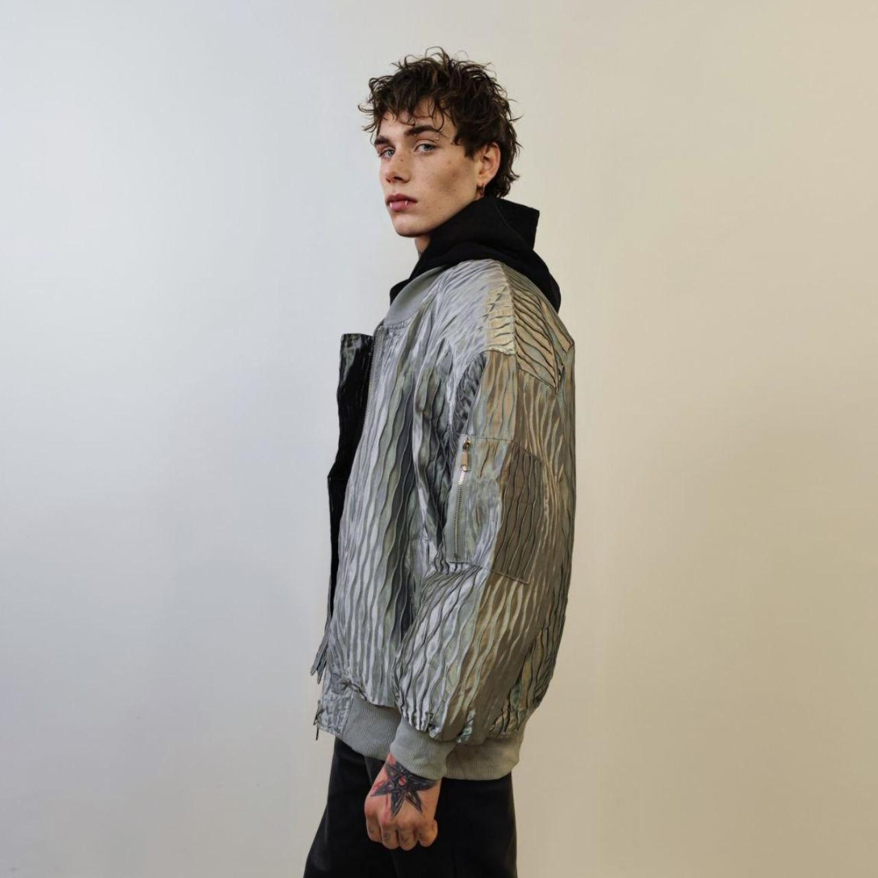 Metallic varsity jacket thin college bomber textured... - Depop