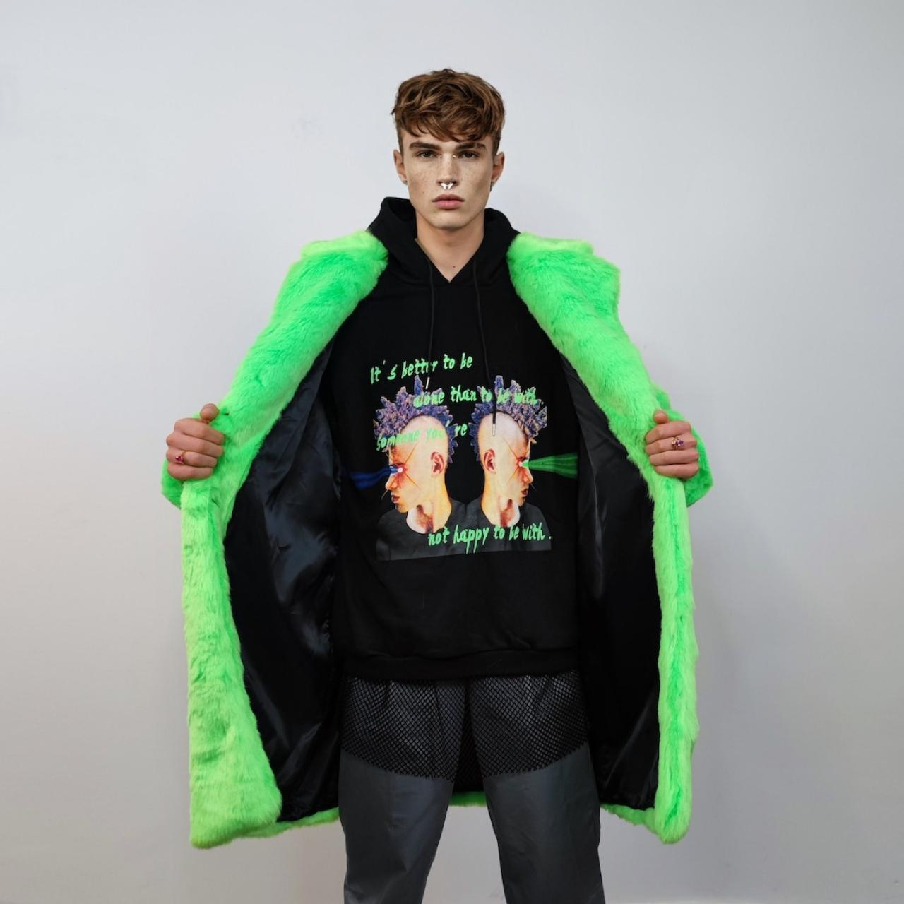 Neon faux fur longline coat shaggy trench bright... - Depop