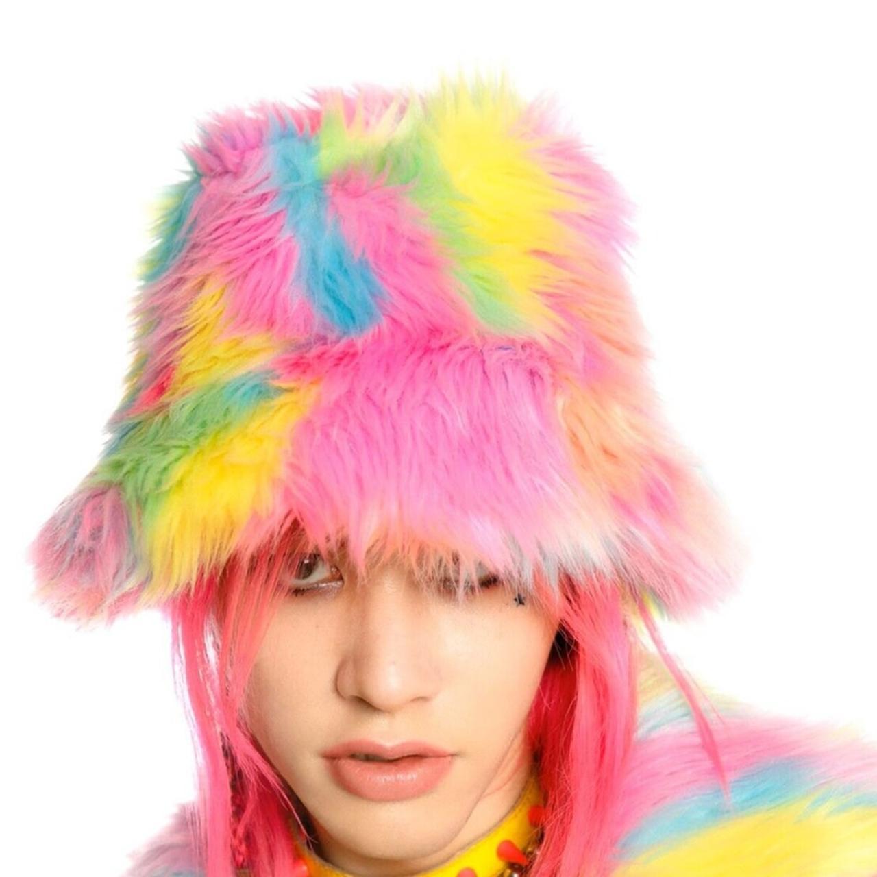 Faux fur bucket rainbow hat fluffy unicorn hat raver... - Depop