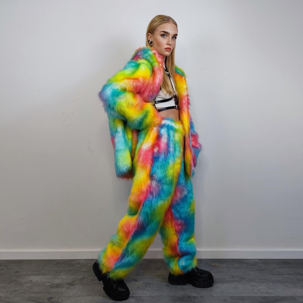 Hooded rainbow fur jacket unicorn bomber neon raver... - Depop