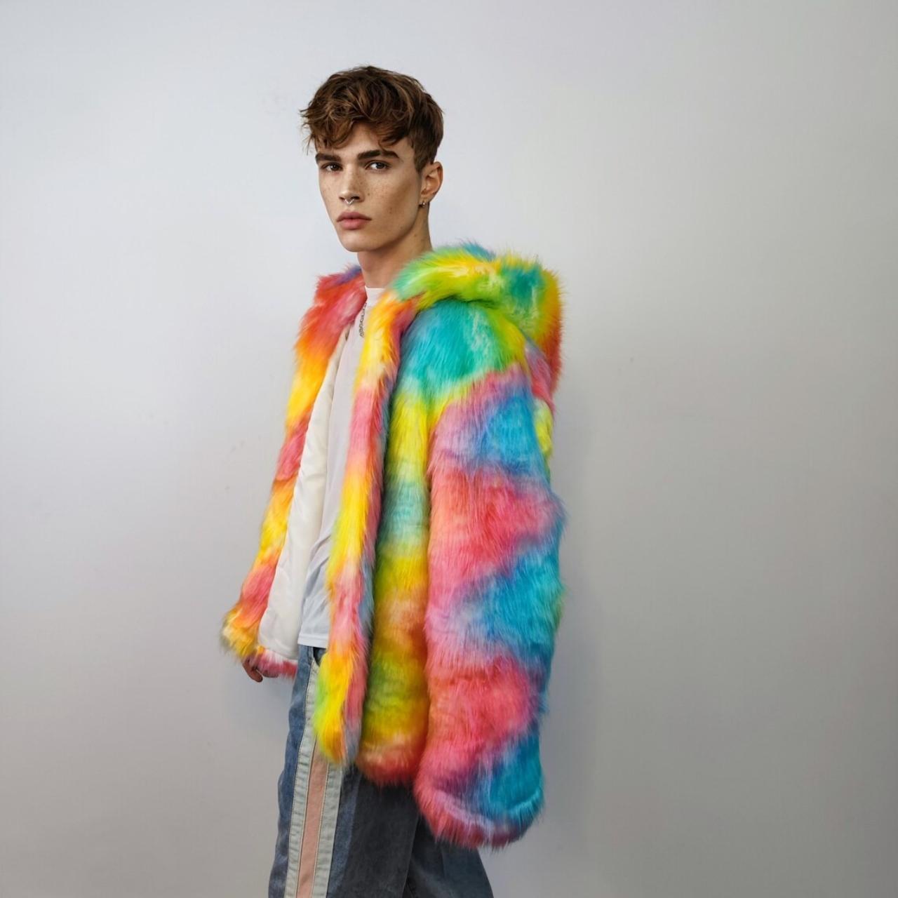 Hooded rainbow fur jacket unicorn bomber neon raver... - Depop