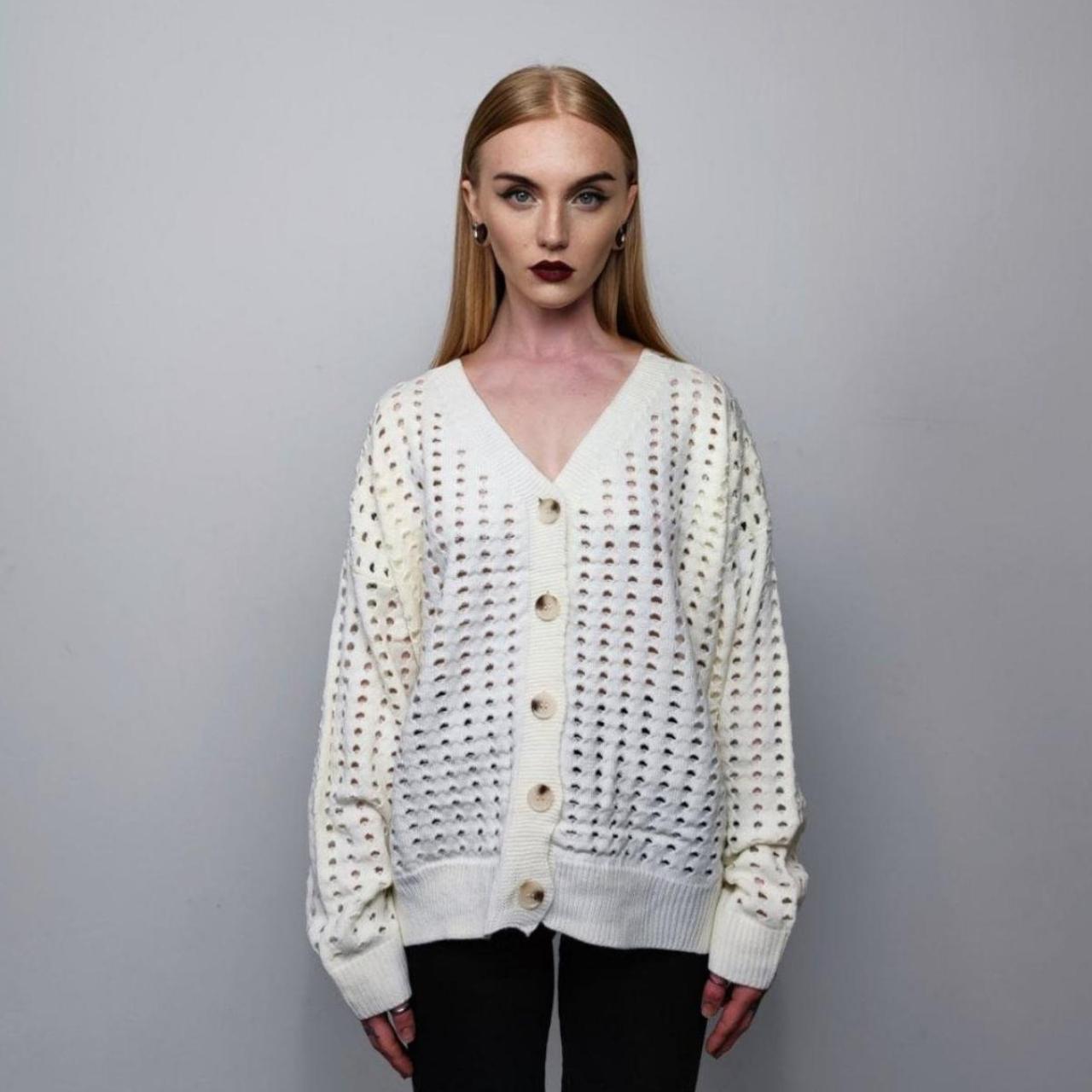 Mesh cardigan transparent sweater distressed knitted... - Depop