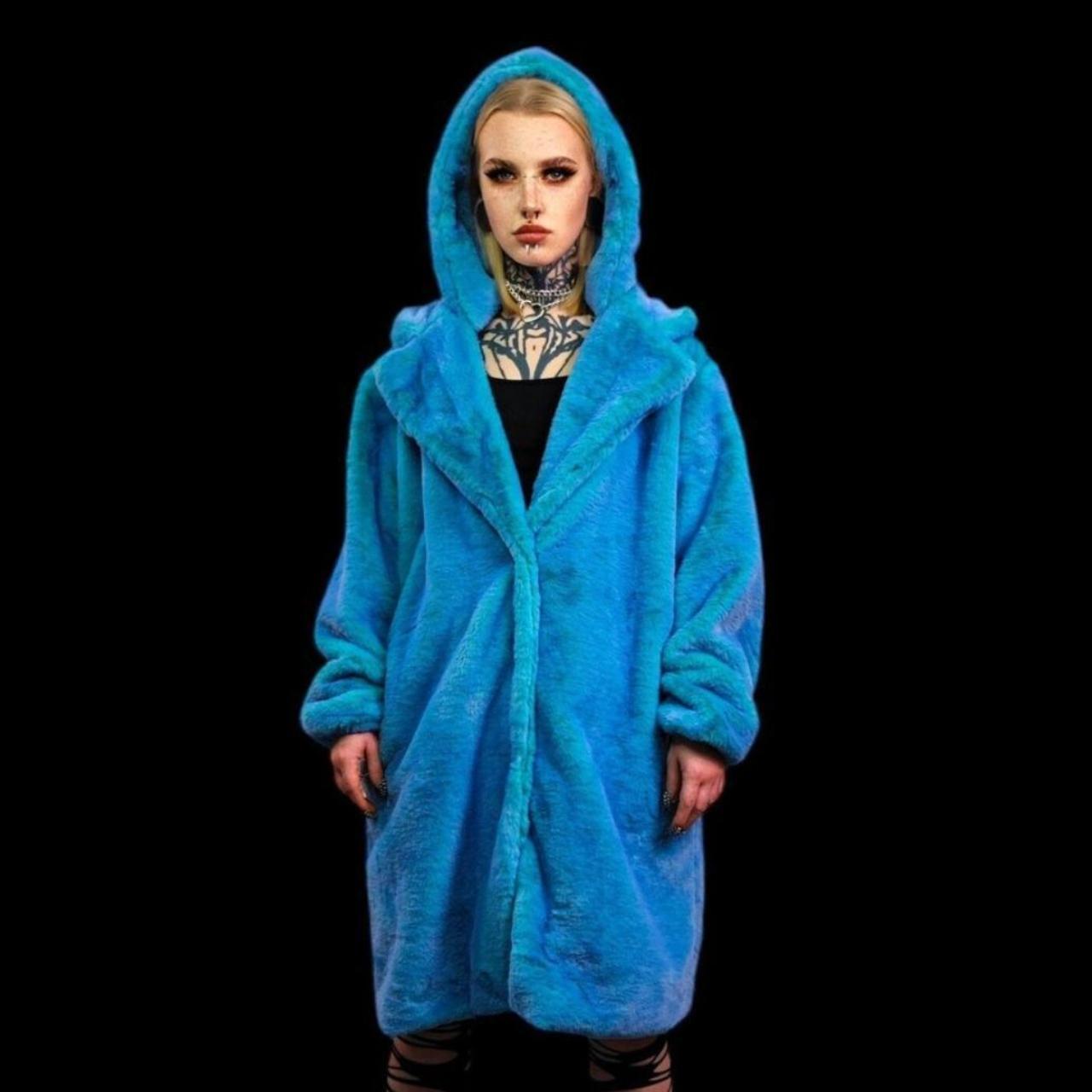 Neon faux fur long coat hooded trench bright raver... - Depop