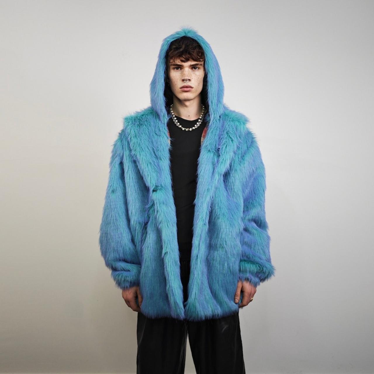 Neon blue fur coat hooded luxury trench fluorescent... | Depop