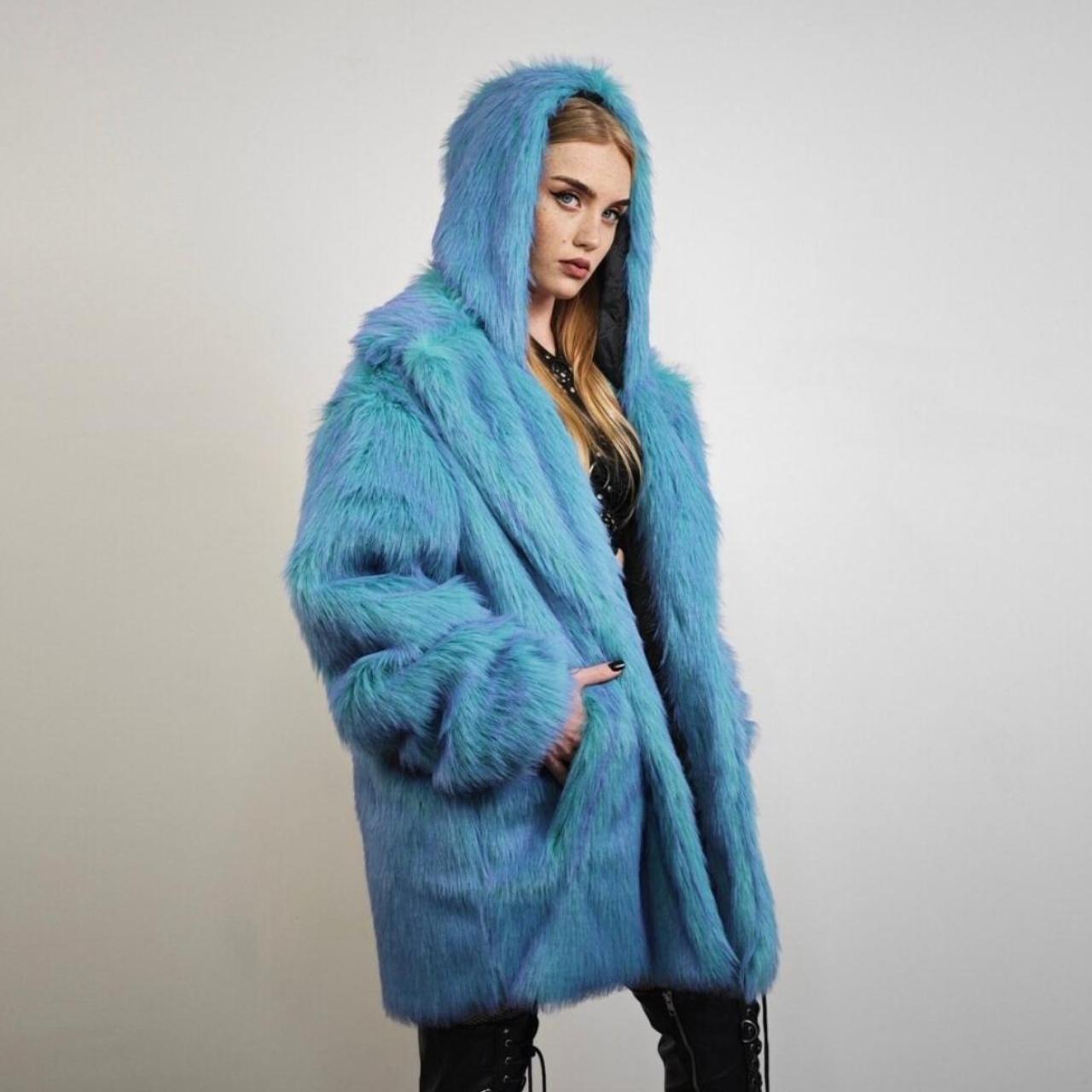 Neon blue fur coat hooded luxury trench fluorescent... - Depop