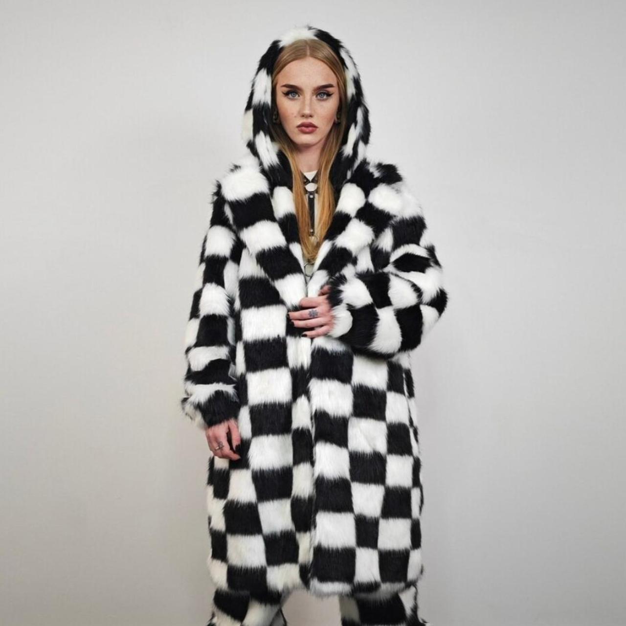 SKA check fur coat plaid long trench chequered... - Depop