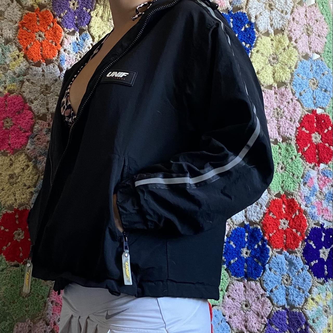 UNIF black puffer jacket with reflective stipe down... - Depop