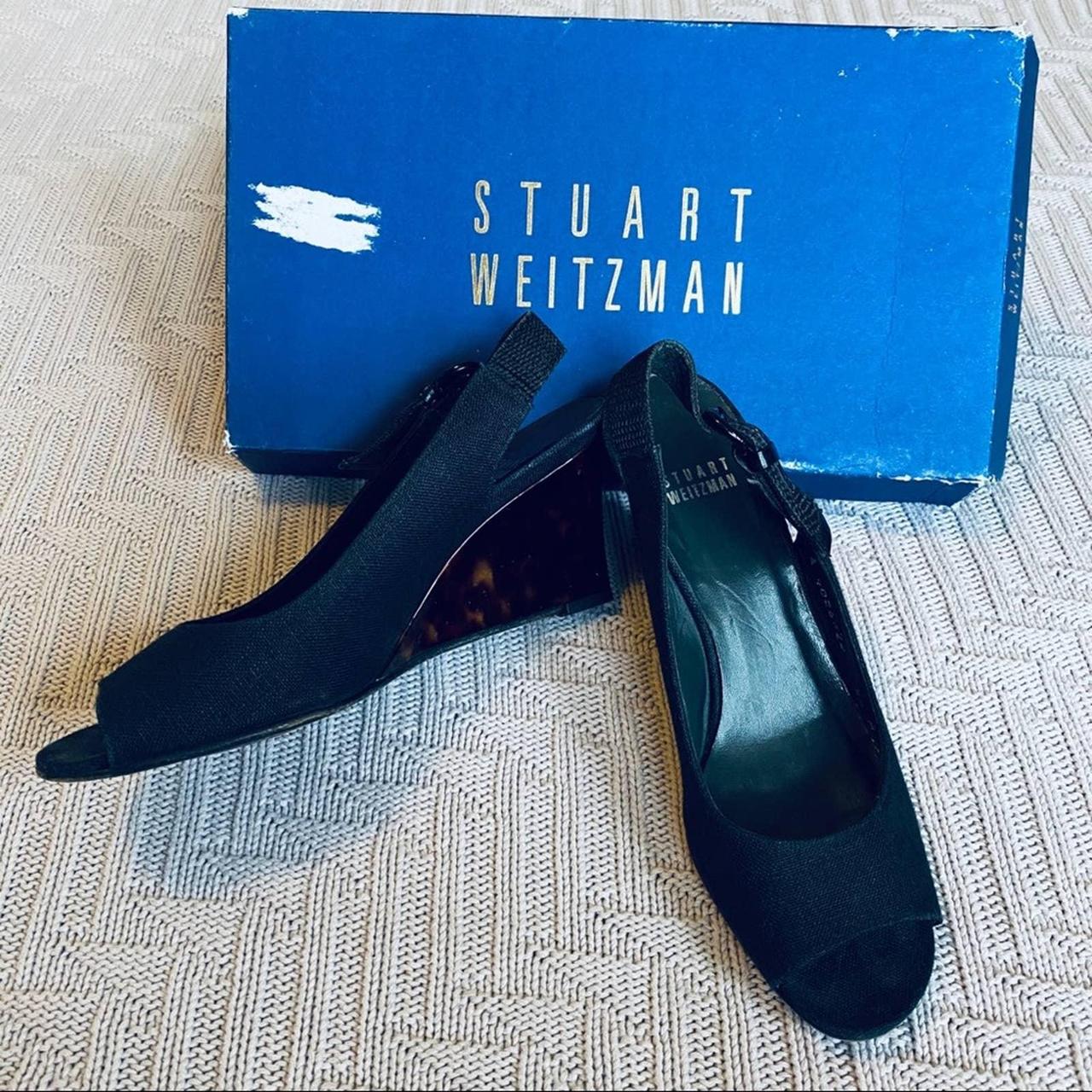 Stuart Weitzman black fabric peep toe wedge sling... - Depop