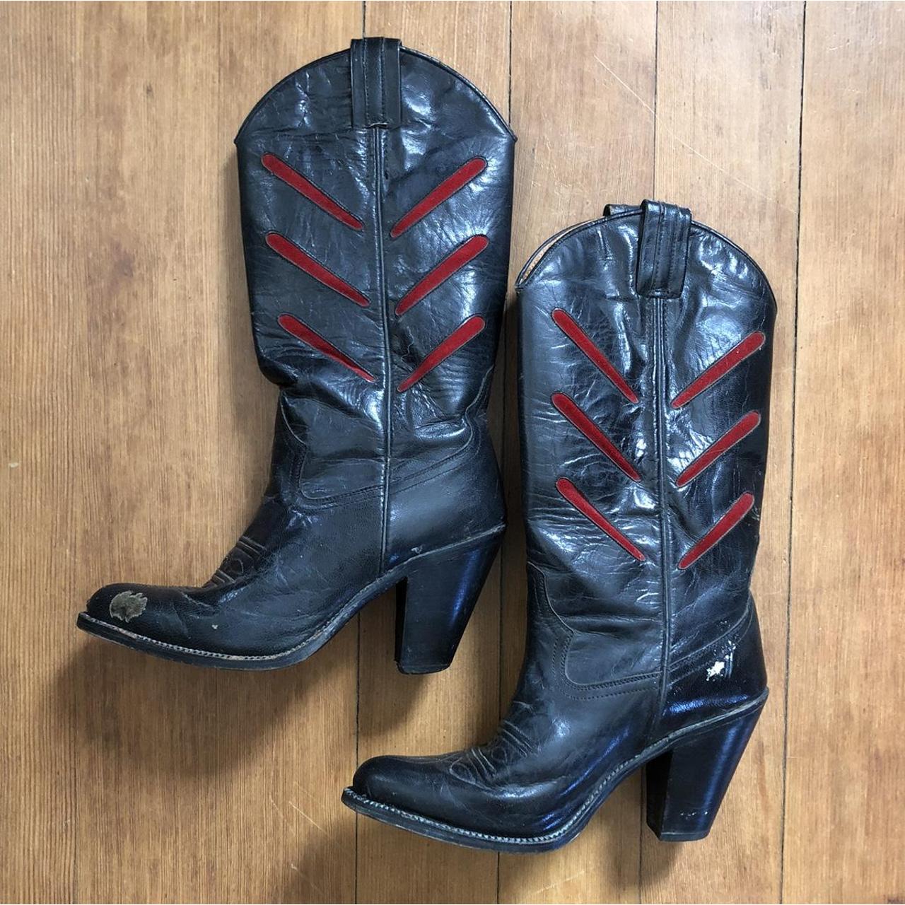 vintage black and red cowboy boots scuffing on toe... - Depop
