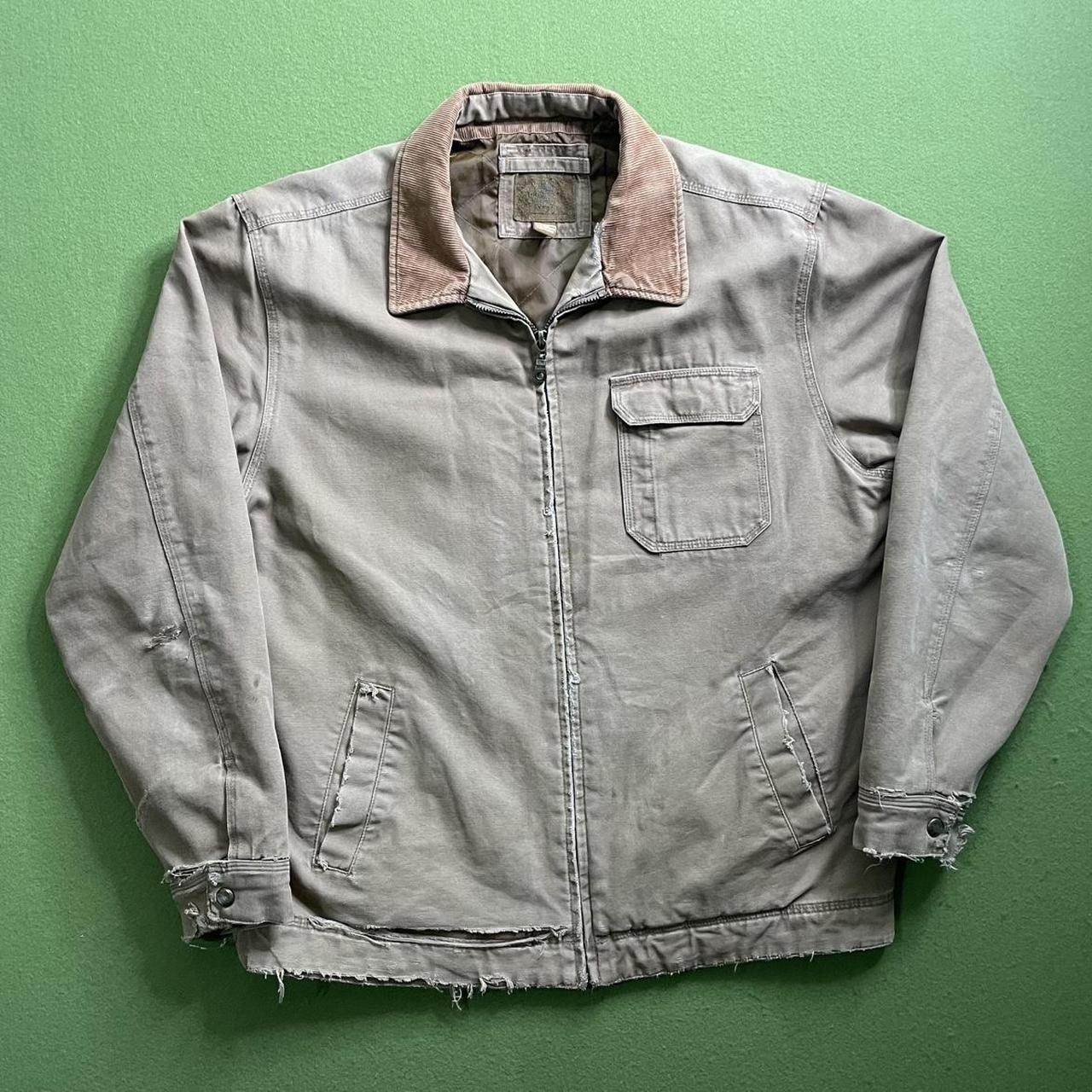 Brown distressed chore style zip up jacket with a... - Depop