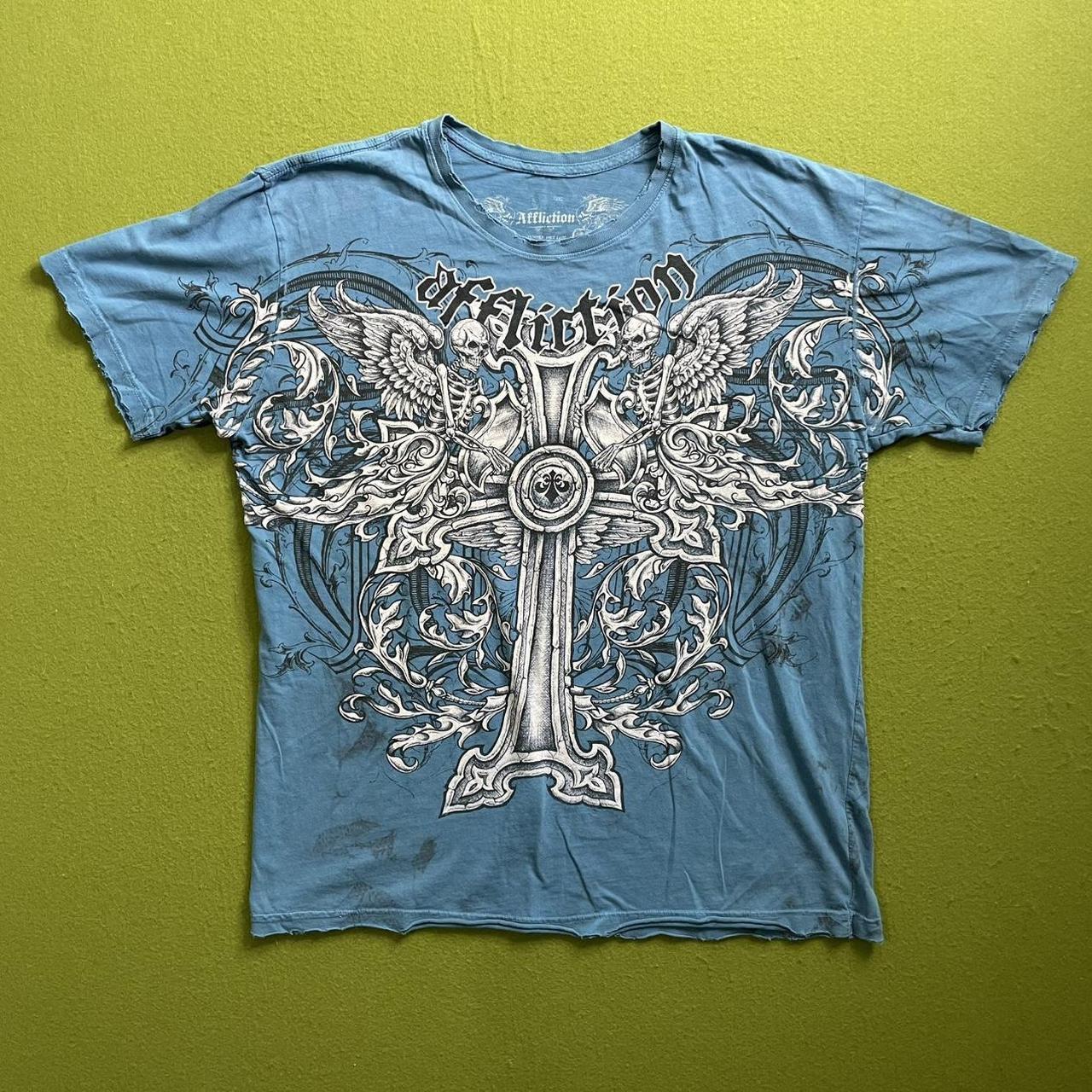 Blue Affliction cross & angel skulls t shirt Size... | Depop