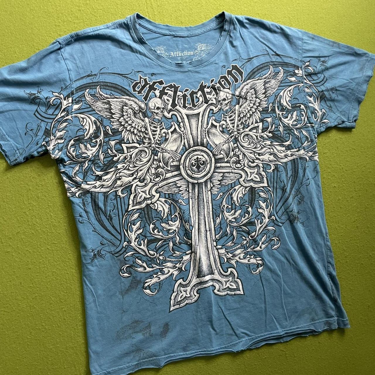 Blue Affliction cross & angel skulls t shirt Size... | Depop