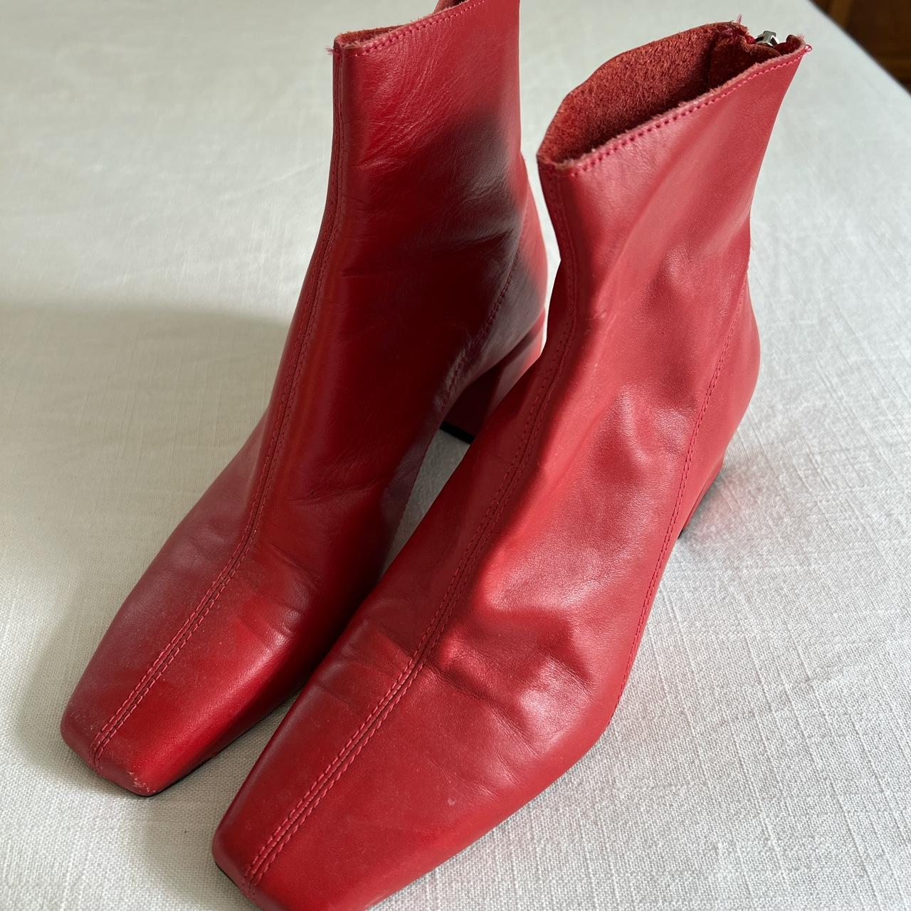 Zara Red Square Toe Boots | only worn 2 times - Depop