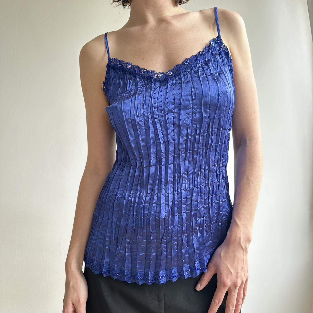 Vintage blue cami top M&CO pleated cami with lace... | Depop