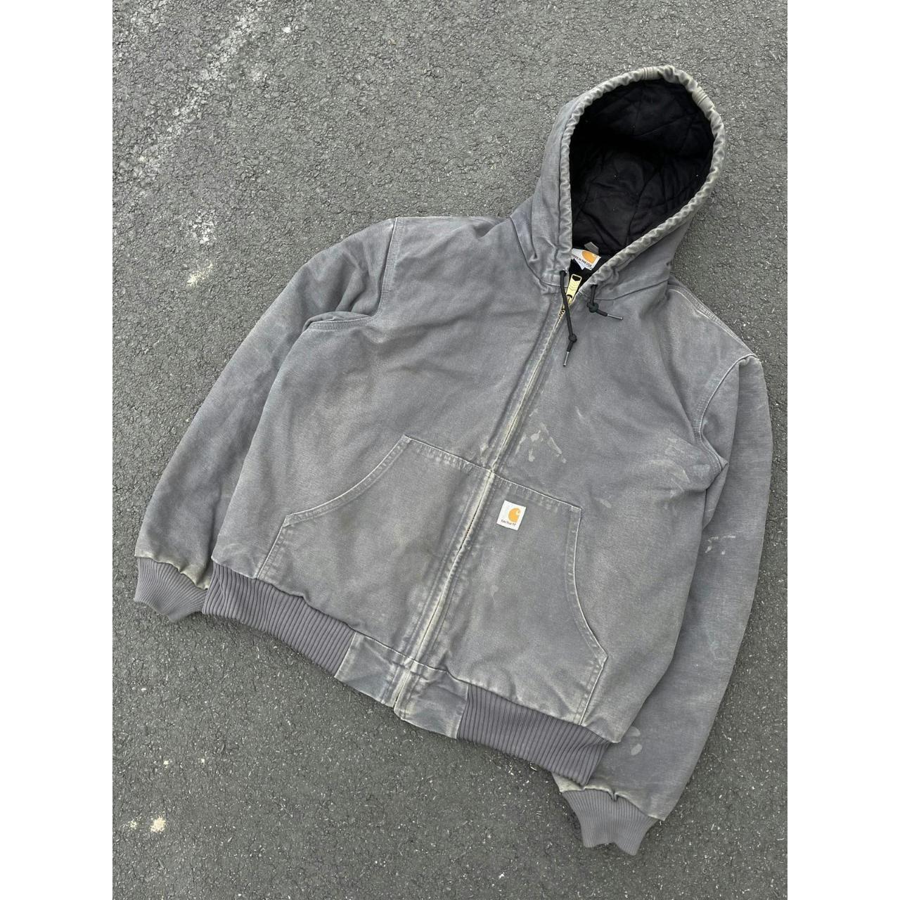 Vtg Faded Grey Essential Carhartt Hooded Work Jacket... - Depop