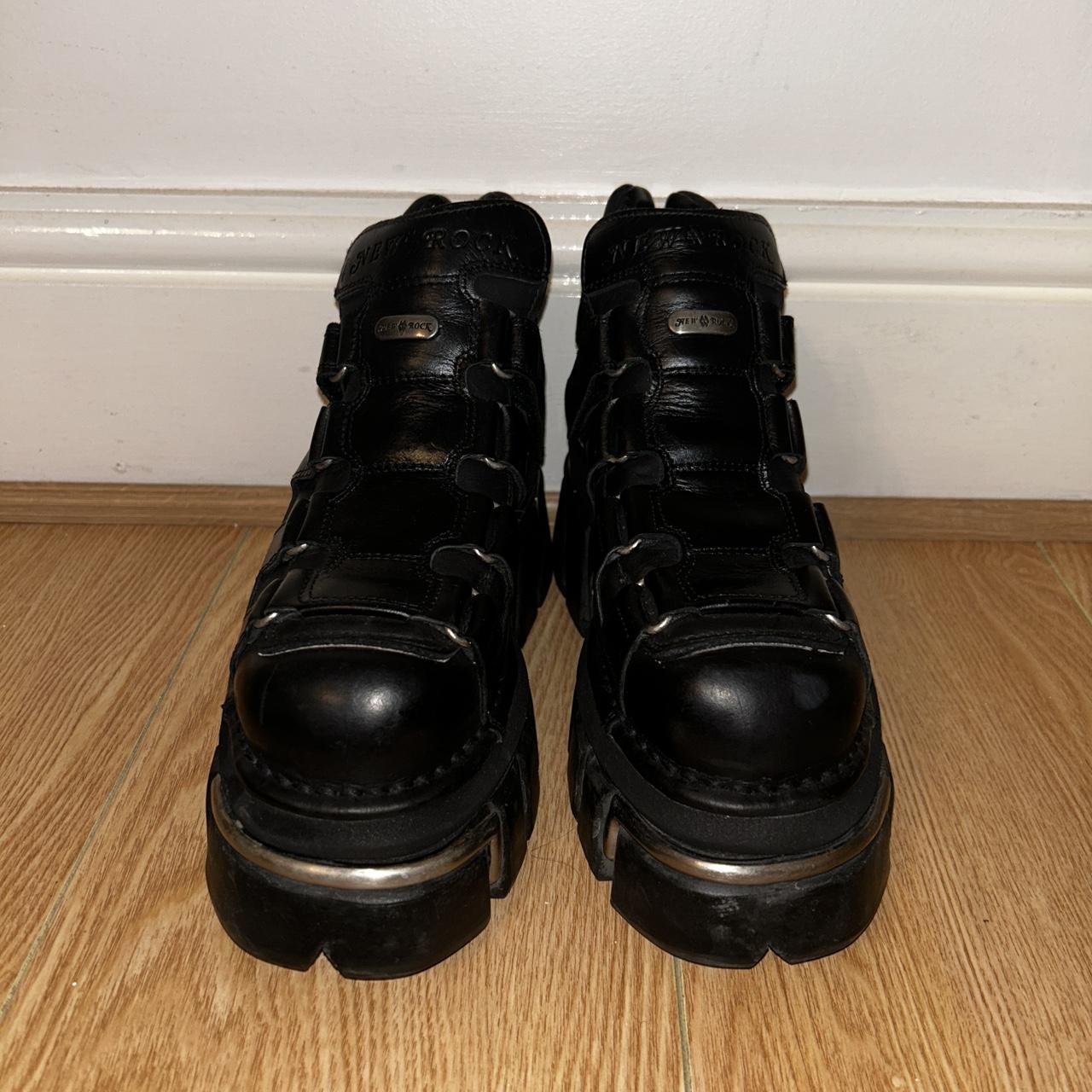 Vintage black leather New Rock chunky platform boots... - Depop
