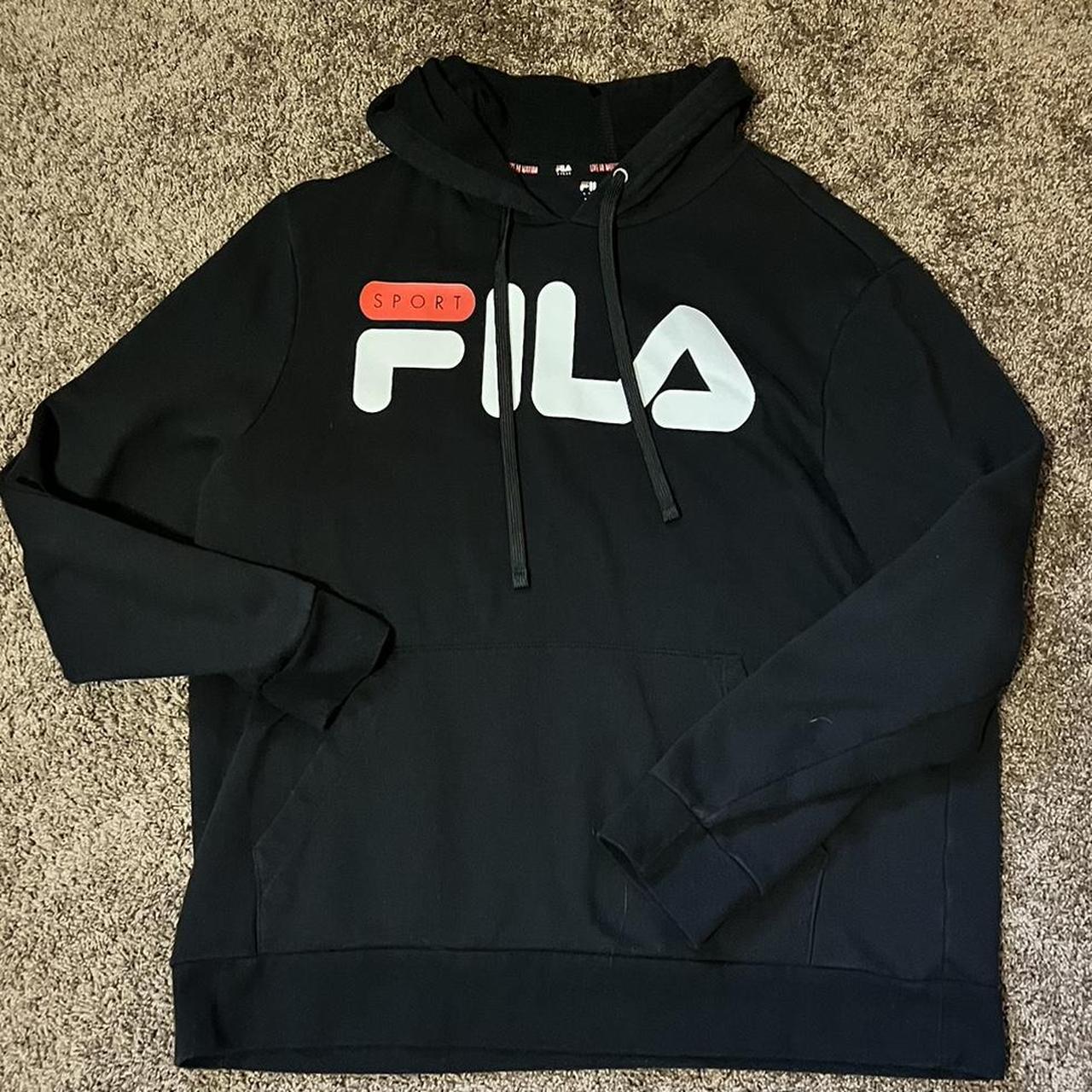 men’s black FILA graphic hoodie - Depop