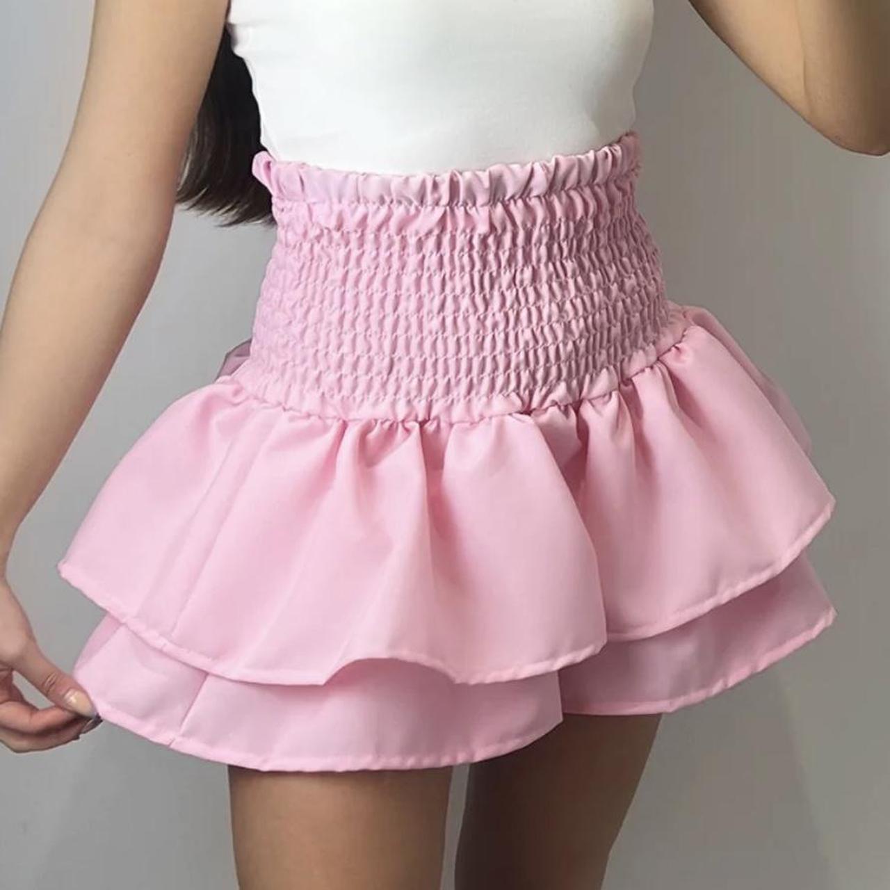Lasula Cece baby pink shirred waist ruffle hem mini... - Depop