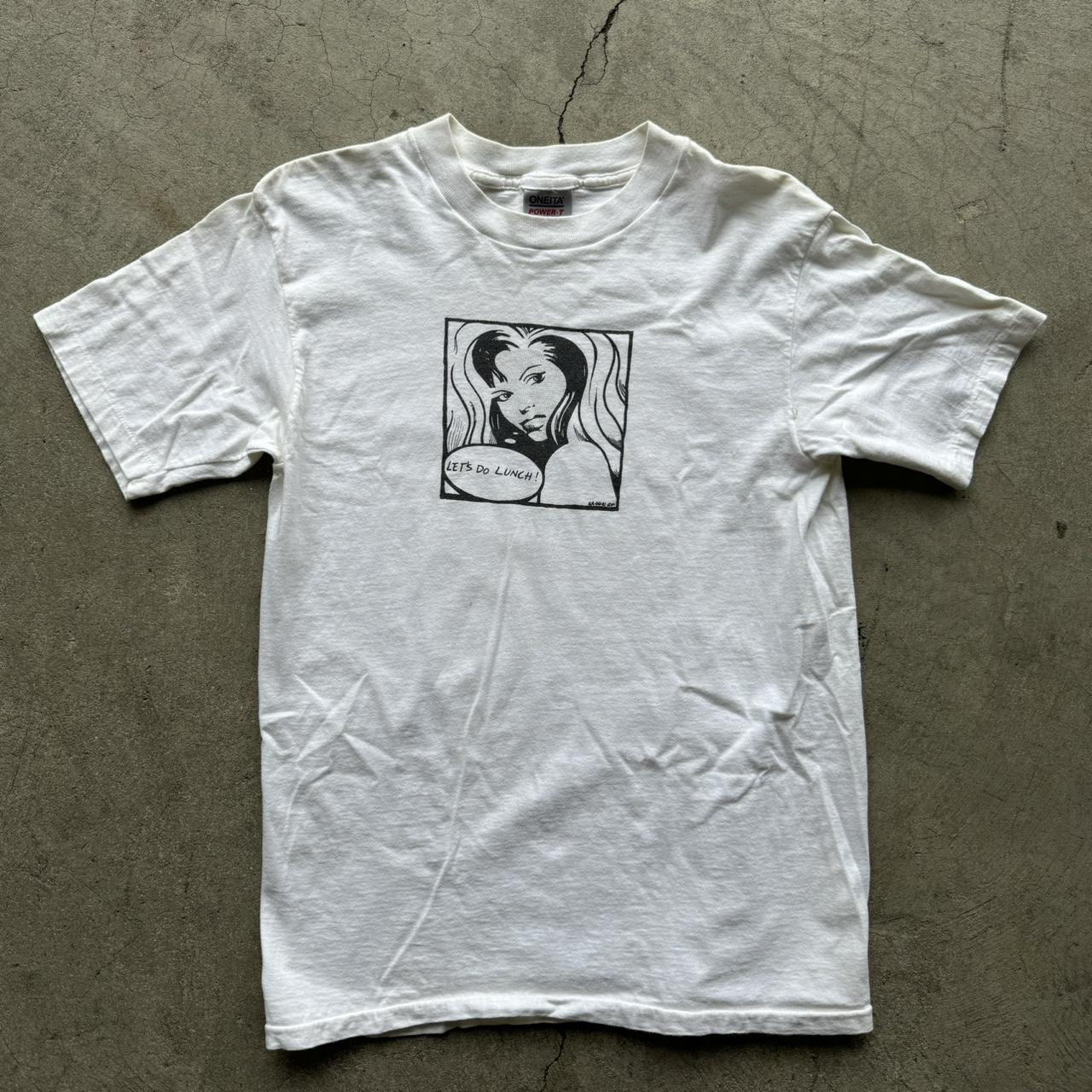 White vintage 90s graphic tee with a unique comic... | Depop