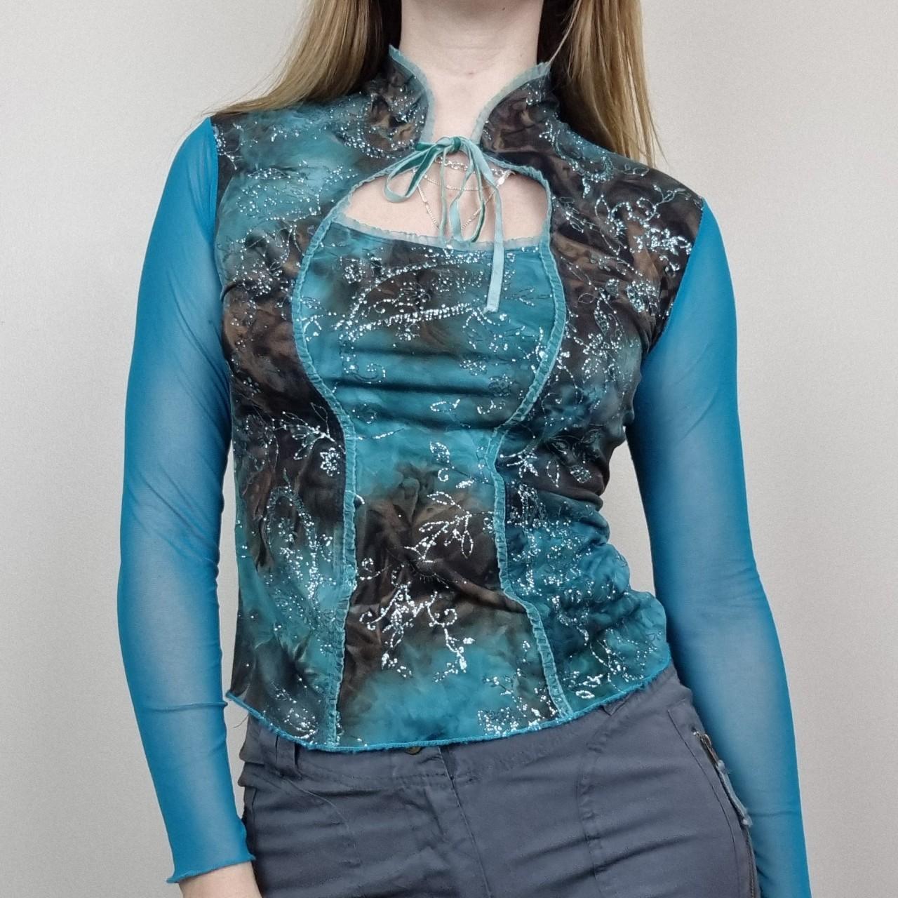 so unique early 2000s mesh long sleeve top in blue... - Depop