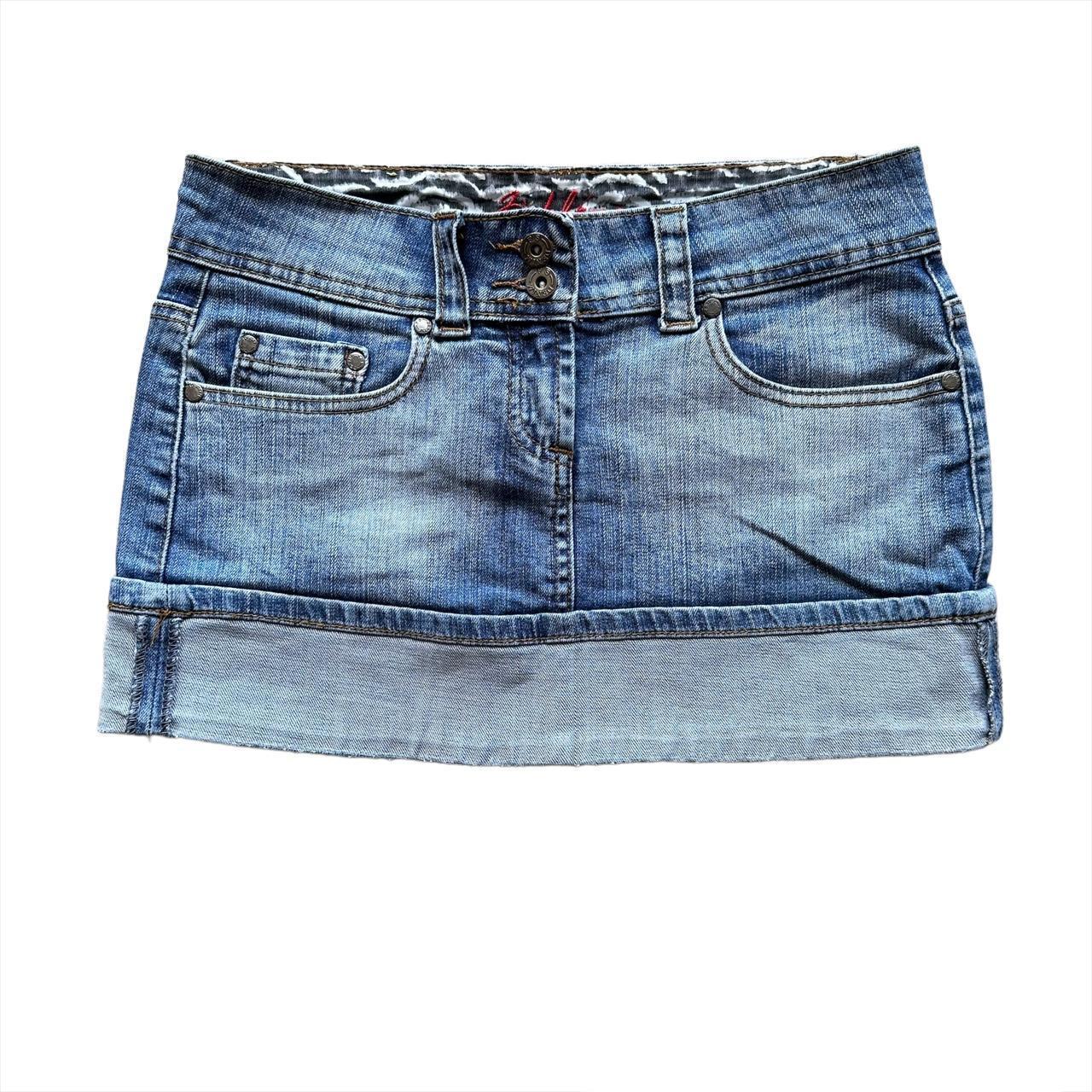 Y2k low rise mini denim Fishbone skirt in washed... - Depop