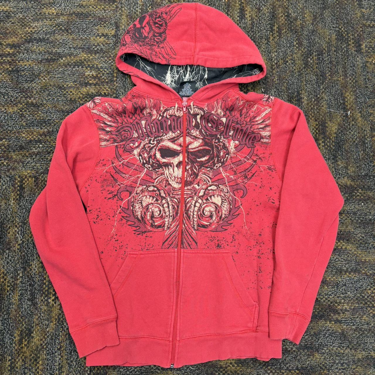 Red and black Affliction zip-up hoodie with skull... - Depop