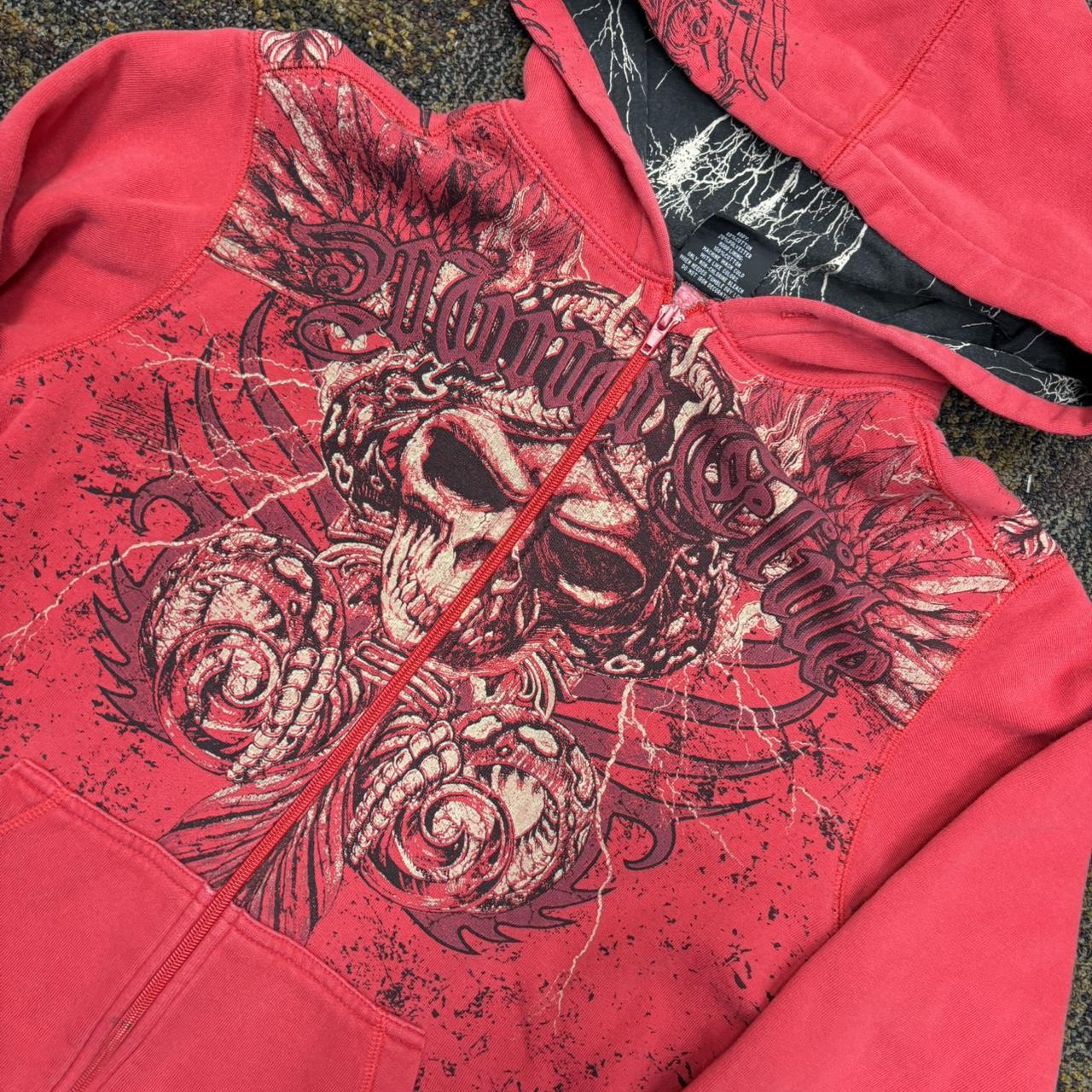 Red and black Affliction zip-up hoodie with skull... - Depop